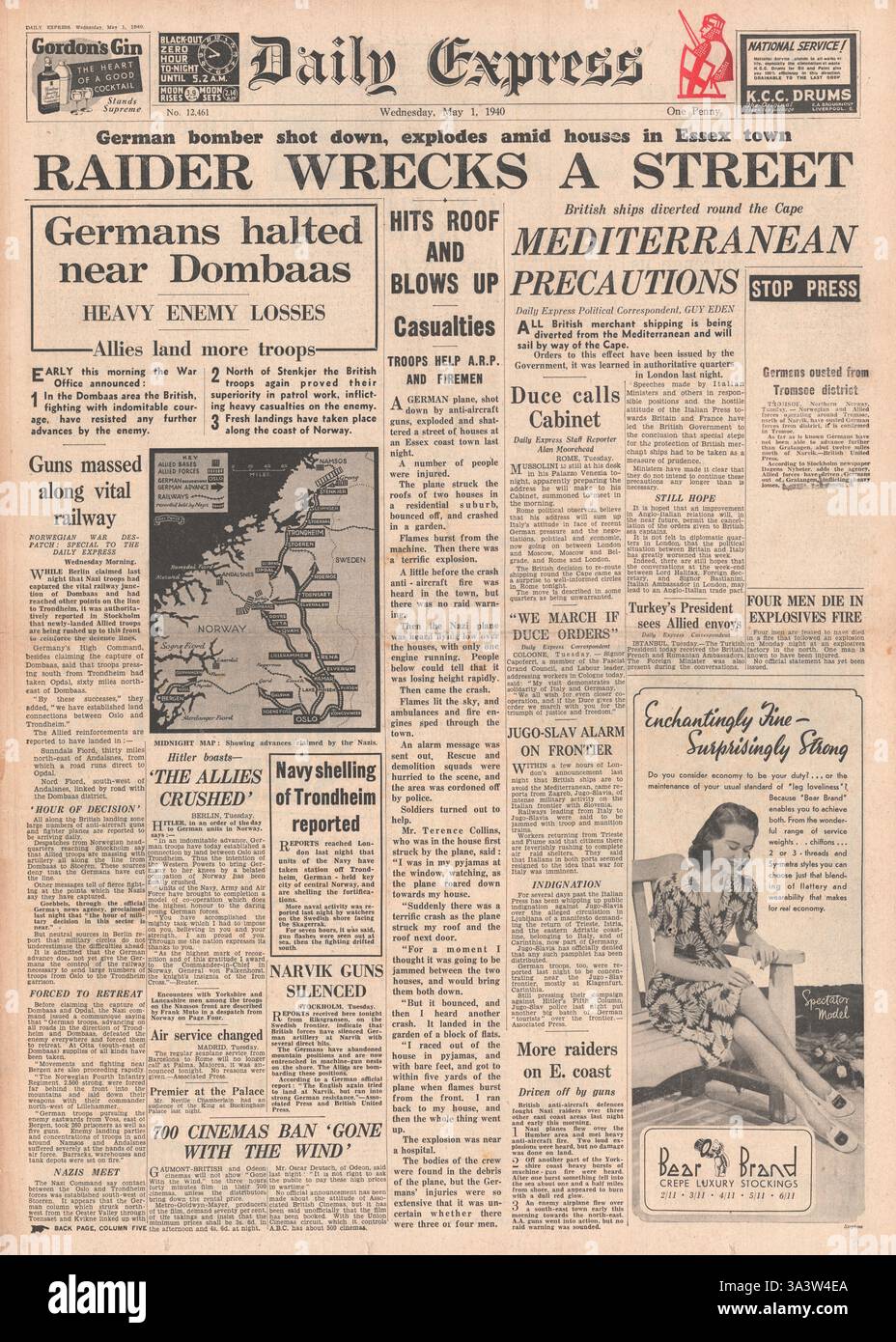 1940 daily express german bomber shot down over clacton hi-res stock ...