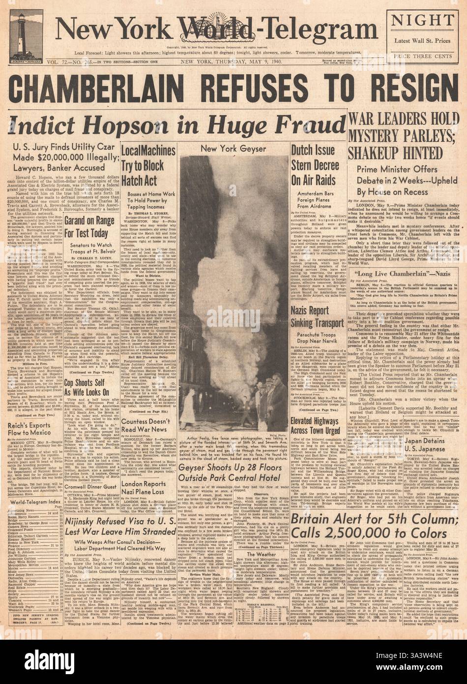 1940 new york world telegram chamberlain wins confidence vote hi-res ...