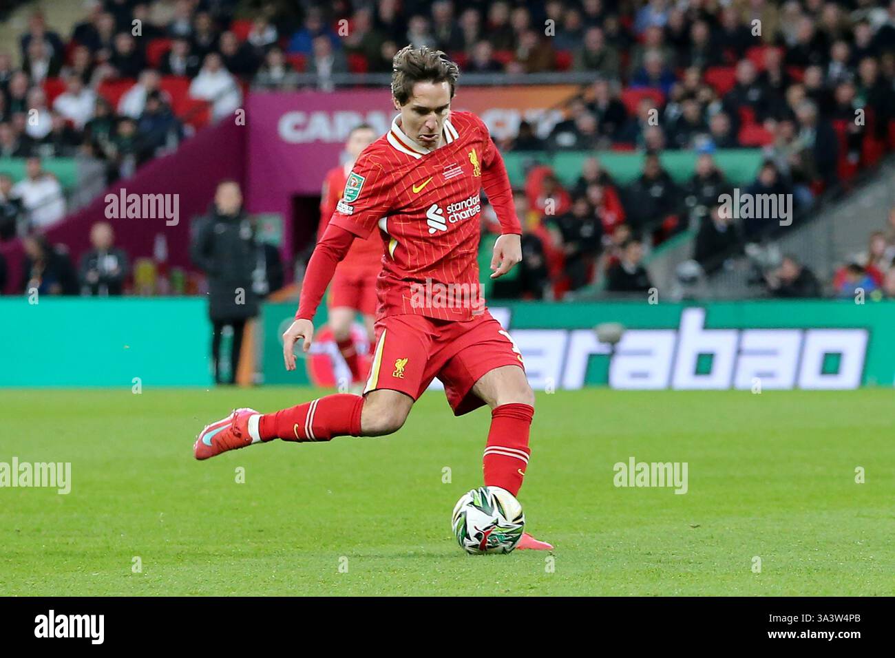 Federico Chiesa of Liverpool looks to shoot. Carabao Cup final 2025 ...