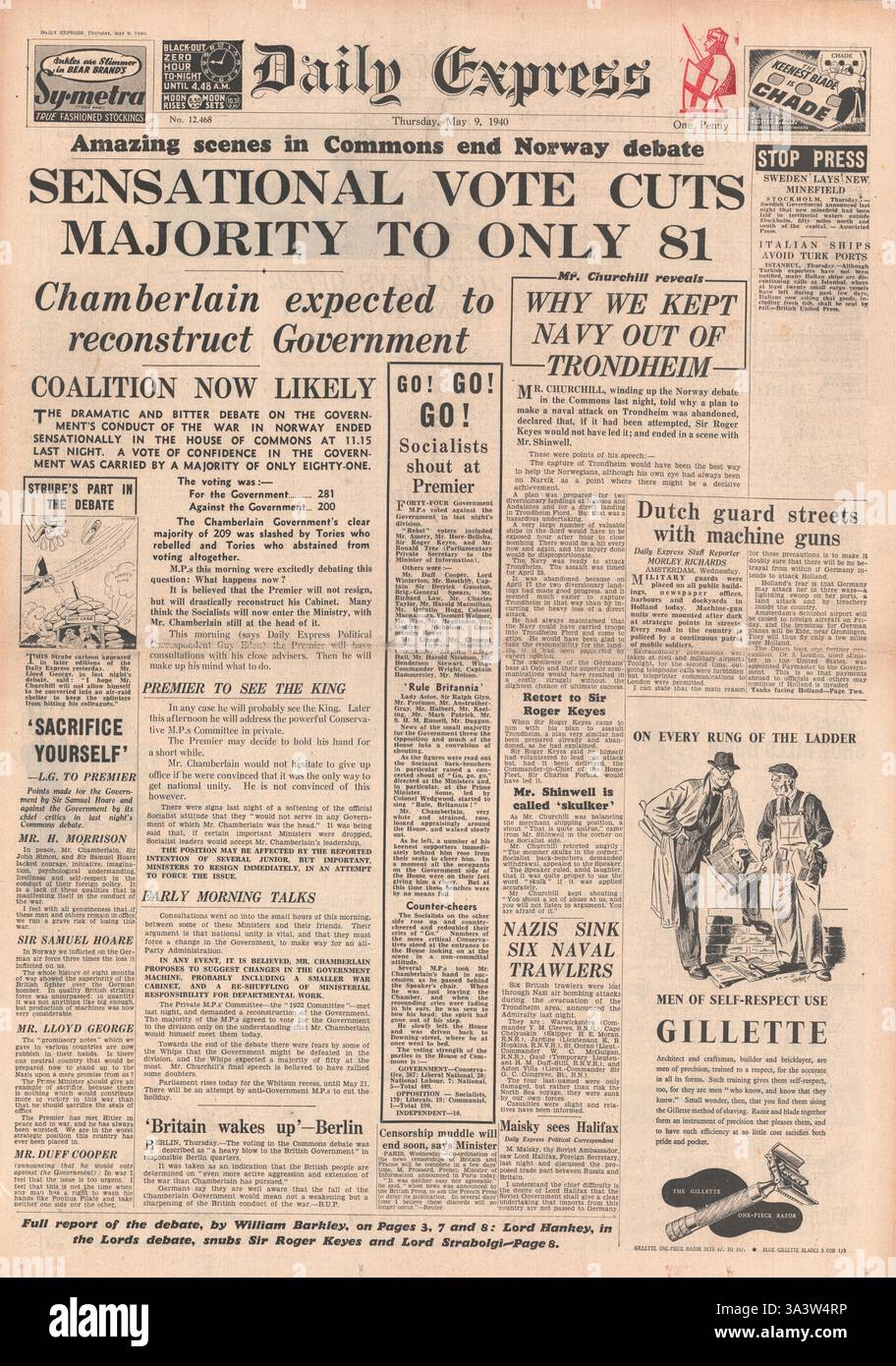 1940 daily express chamberlain wins confidence vote hi-res stock ...