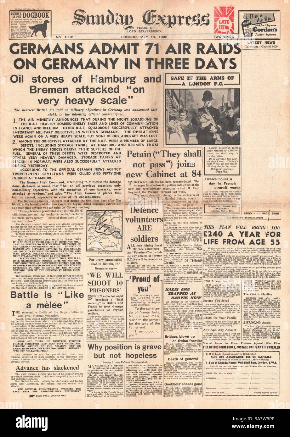 1940 front page Sunday Express RAF Air Raids over Germany Stock Photo ...
