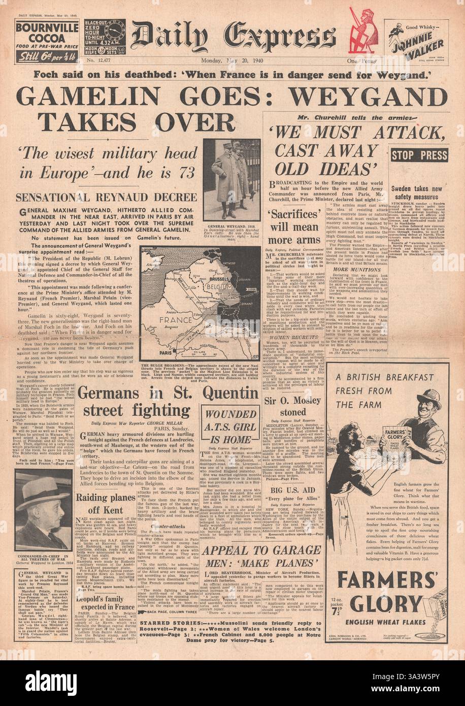 1940 front page Daily Express General Weygand takes command of French ...