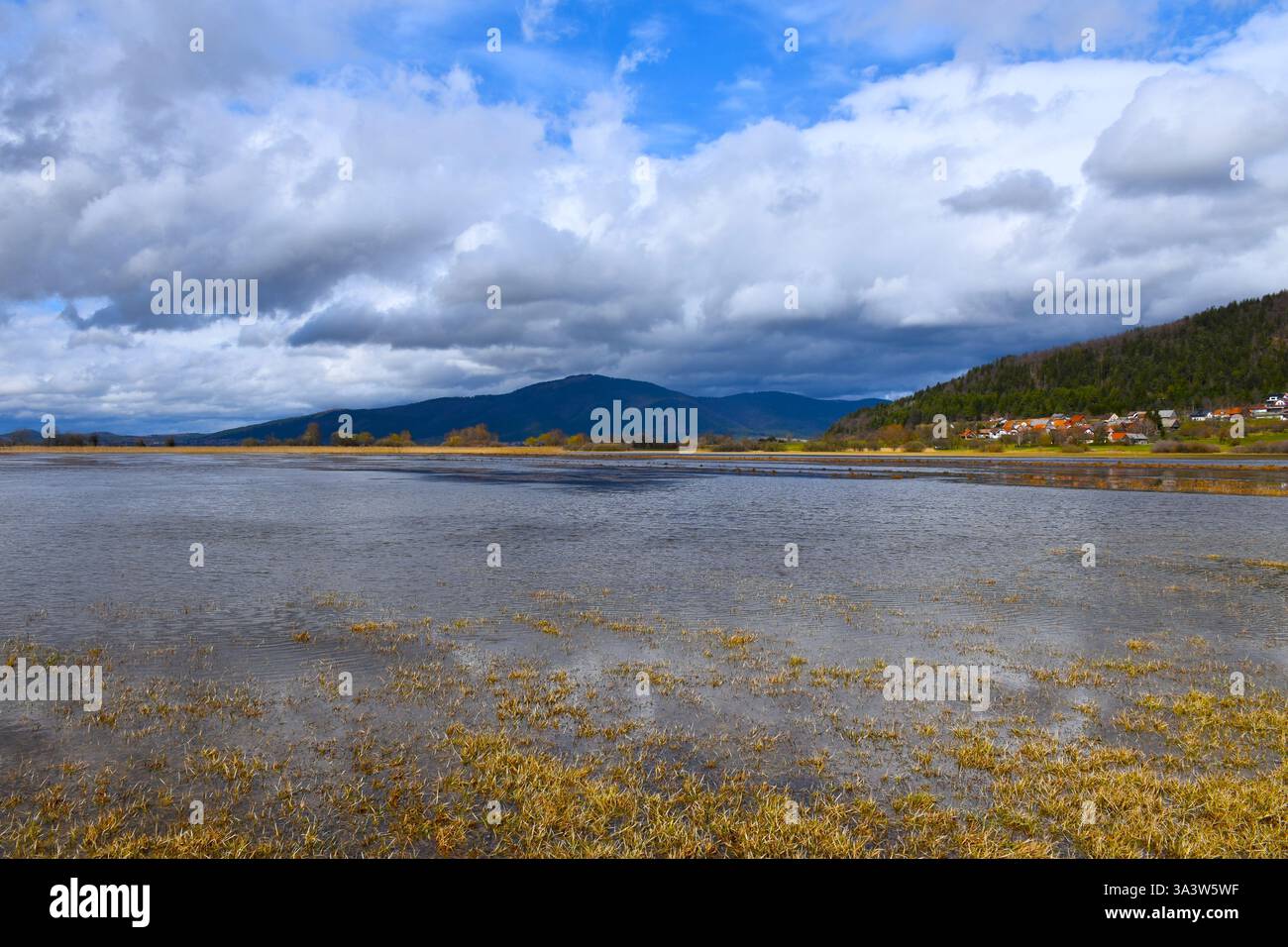 View of Slivnica hill and Cerkniško jezero intermittent karst lake in ...