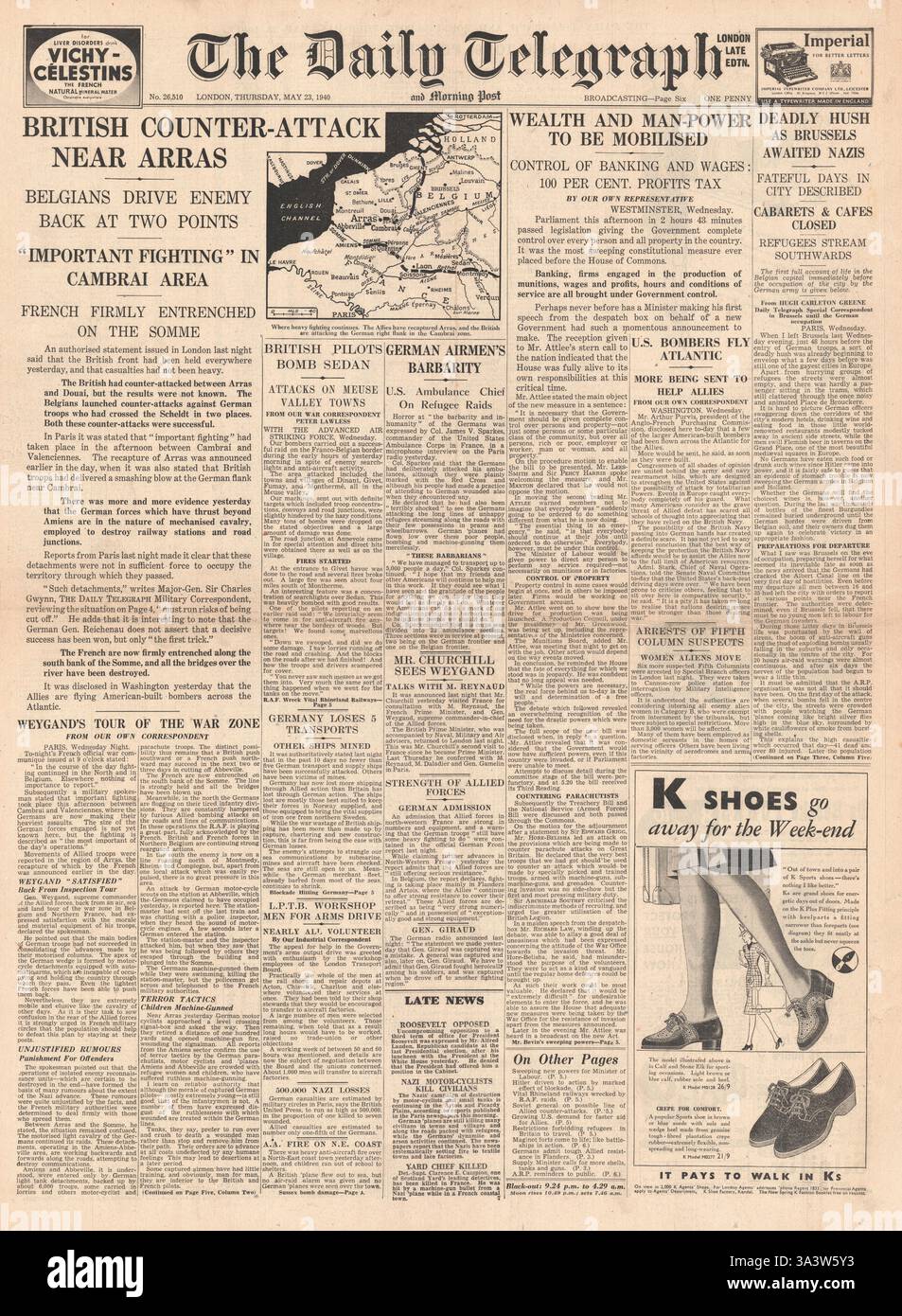 1940 front page Daily Telegraph British people and property under ...