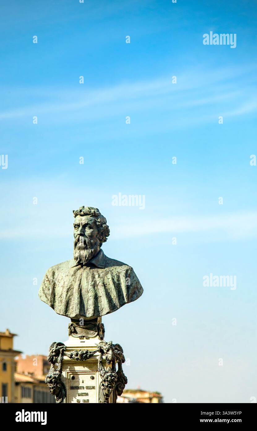 Italy 2022 Bust of Benvenuto Cellini on Ponte Vecchio, Florence, Italy ...