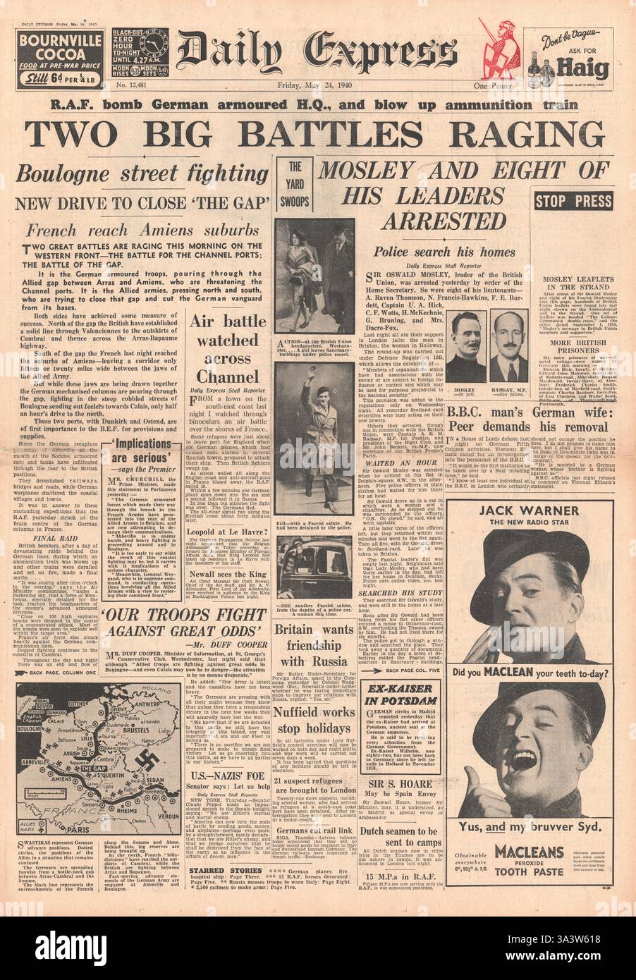 1940 front page Daily Express RAF attack German armoured division ...