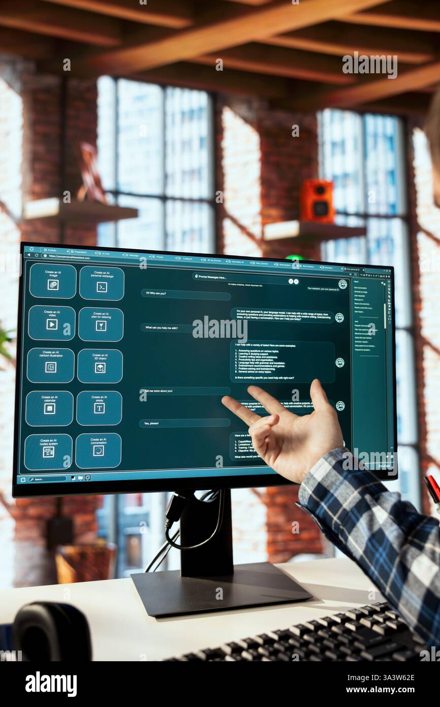 Freelancer in apartment uses large language model generative AI chatbot engaging in humanlike ...