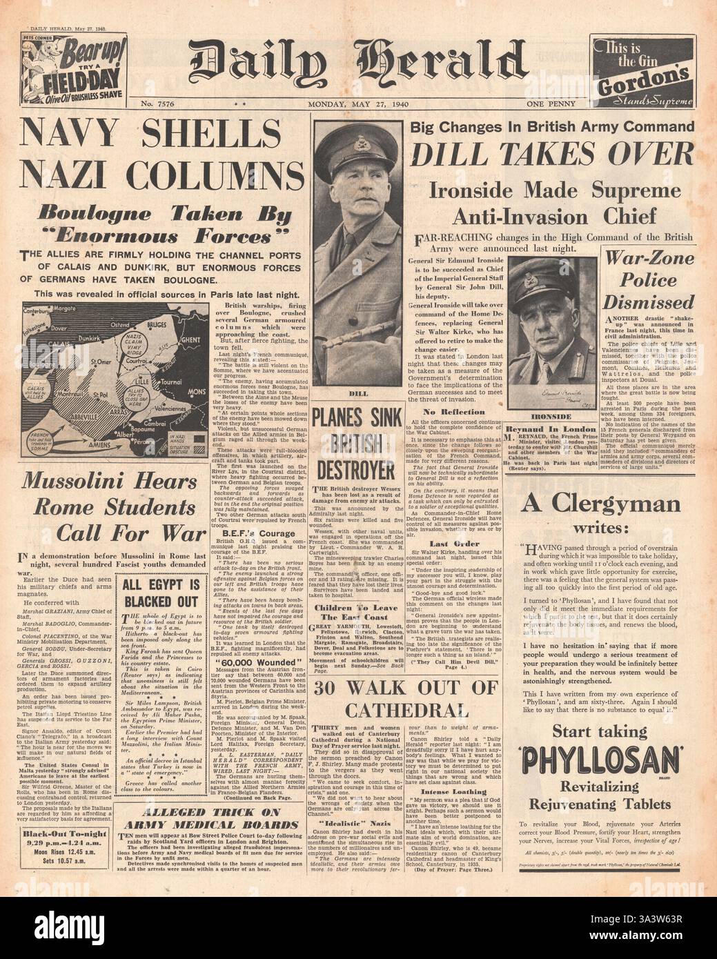 1940 front page Daily Herald Royal Navy bombard German forces and ...