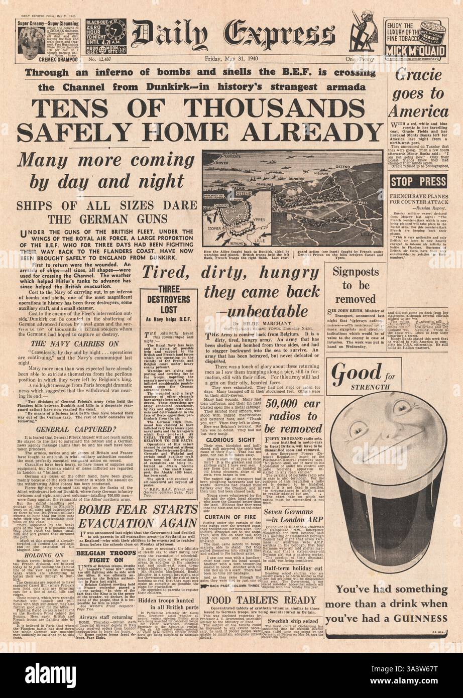 1940 front page Daily Express evacuation of BEF from Dunkirk begins ...