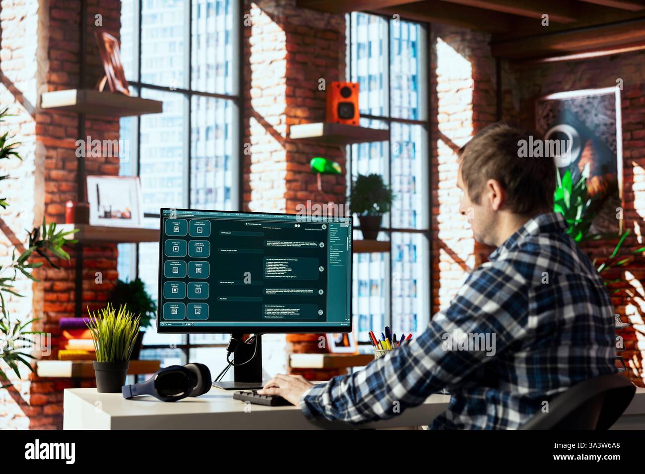 Man in home office uses AI GPT trained on vast amounts of textual data ...