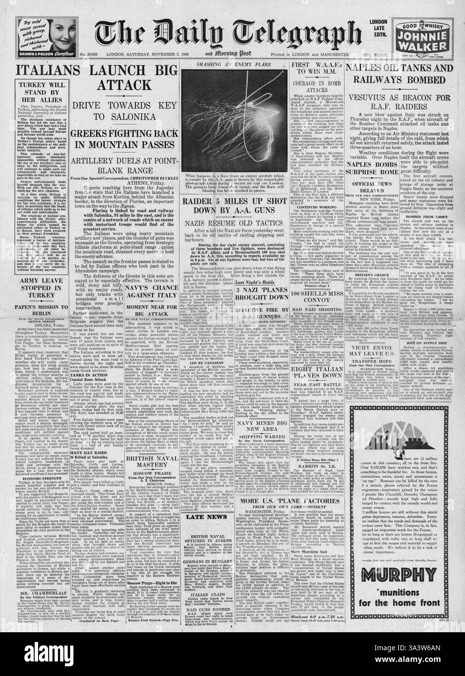 1940 front page Daily Telegraph Italians launch big attack in Greece ...
