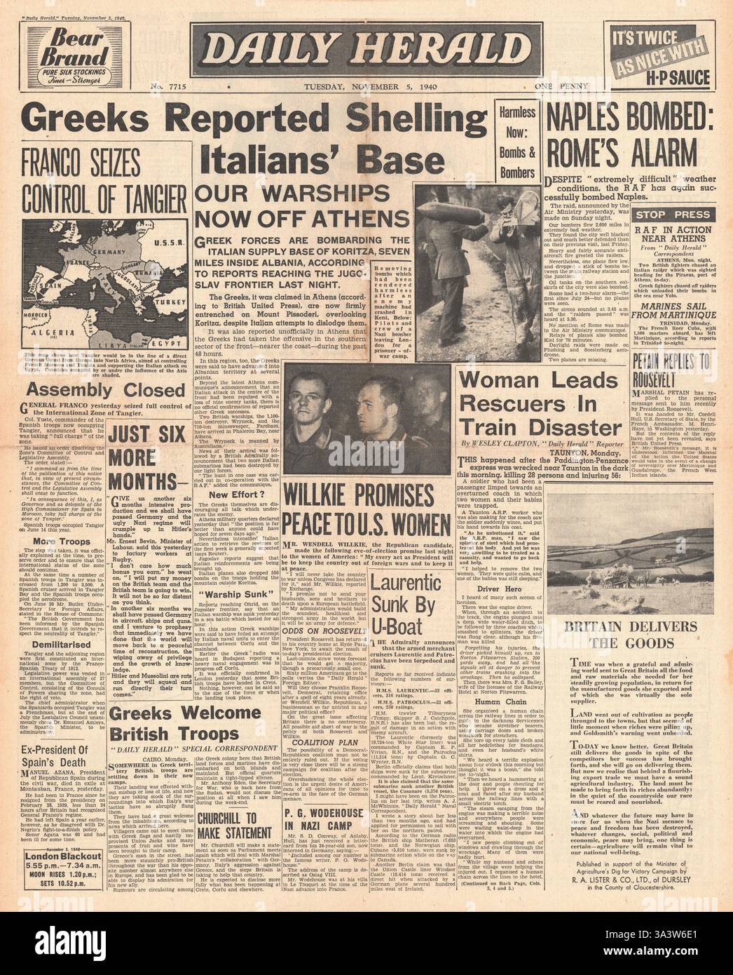 1940 front page Daily Herald Greek Army bombard Italian supply base of ...