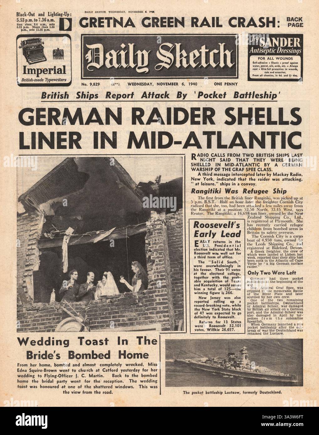 1940 front page Daily Sketch German pocket battleship Admiral Scheer ...