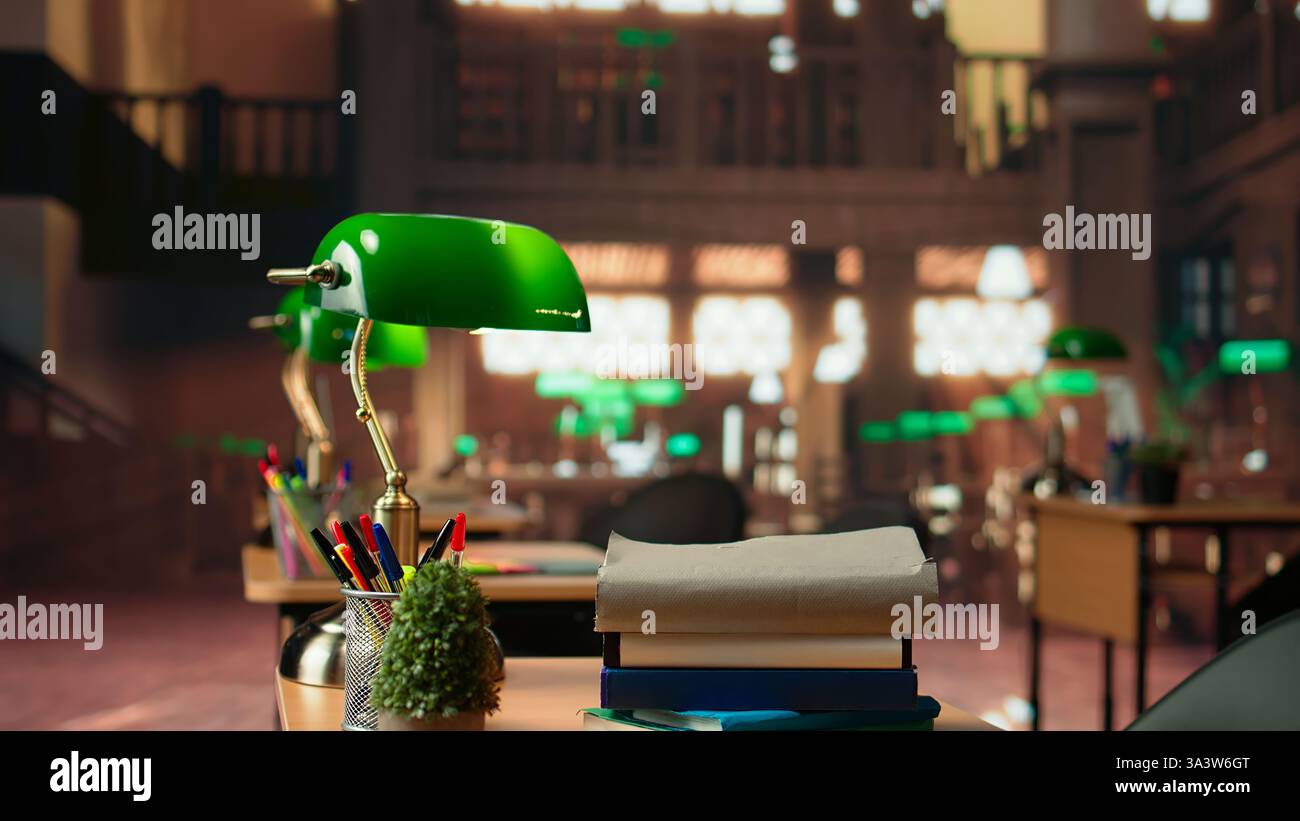 Empty vintage library featuring wooden shelves and classic green lamps ...