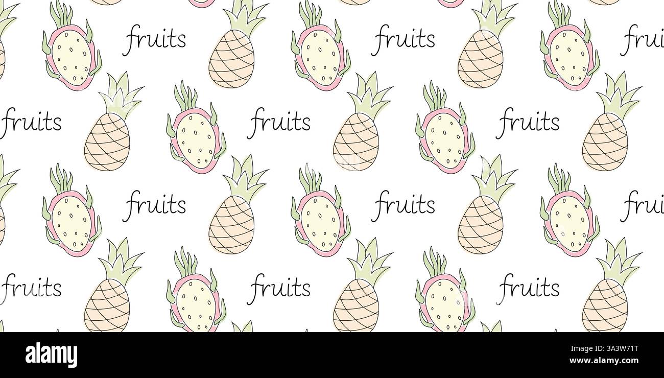 Colorful pattern of tropical fruits with pineapples and the word fruits ...