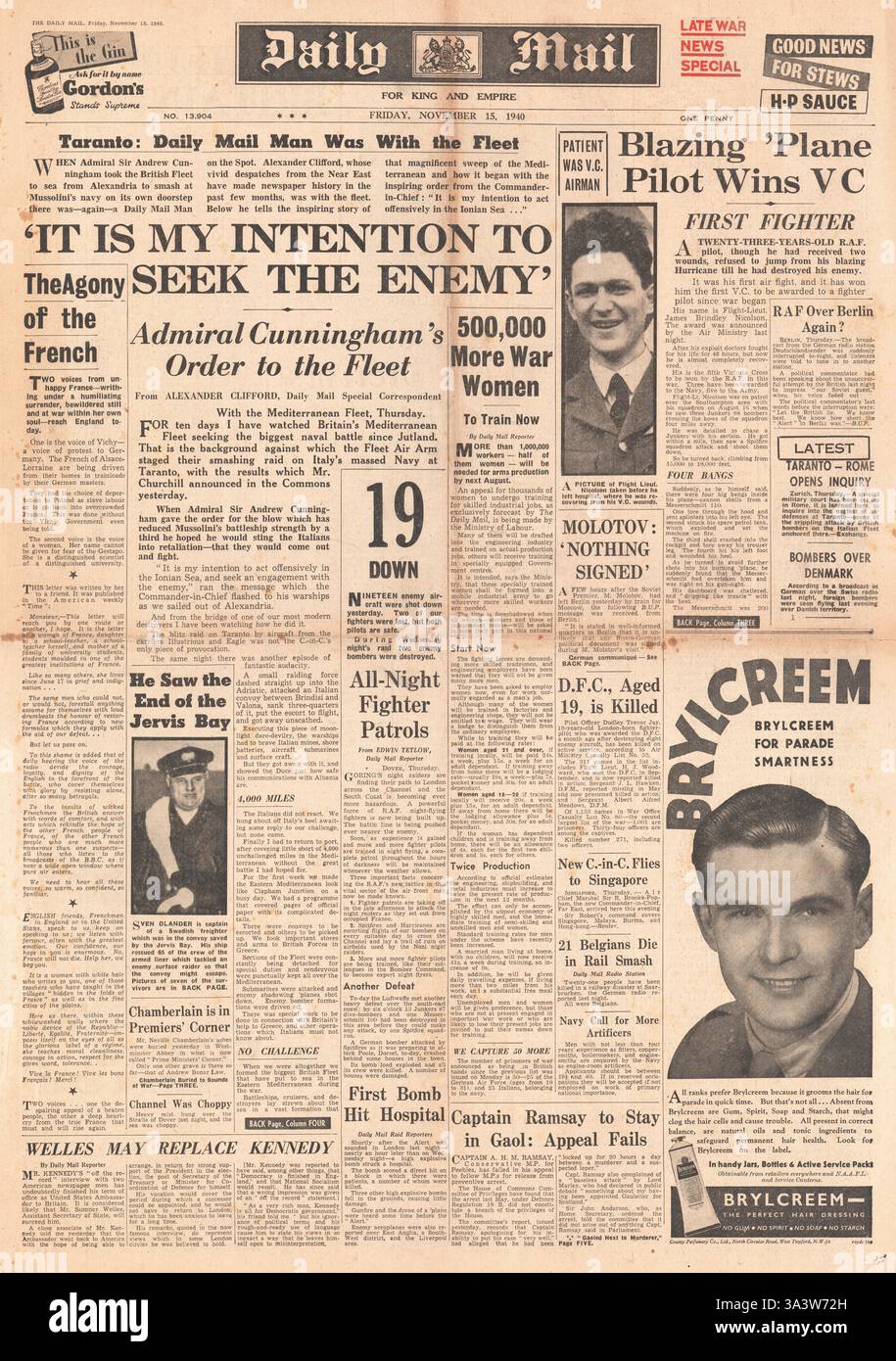 1940 front page Daily Mail Admiral Sir Andrew Cunningham says the Royal ...
