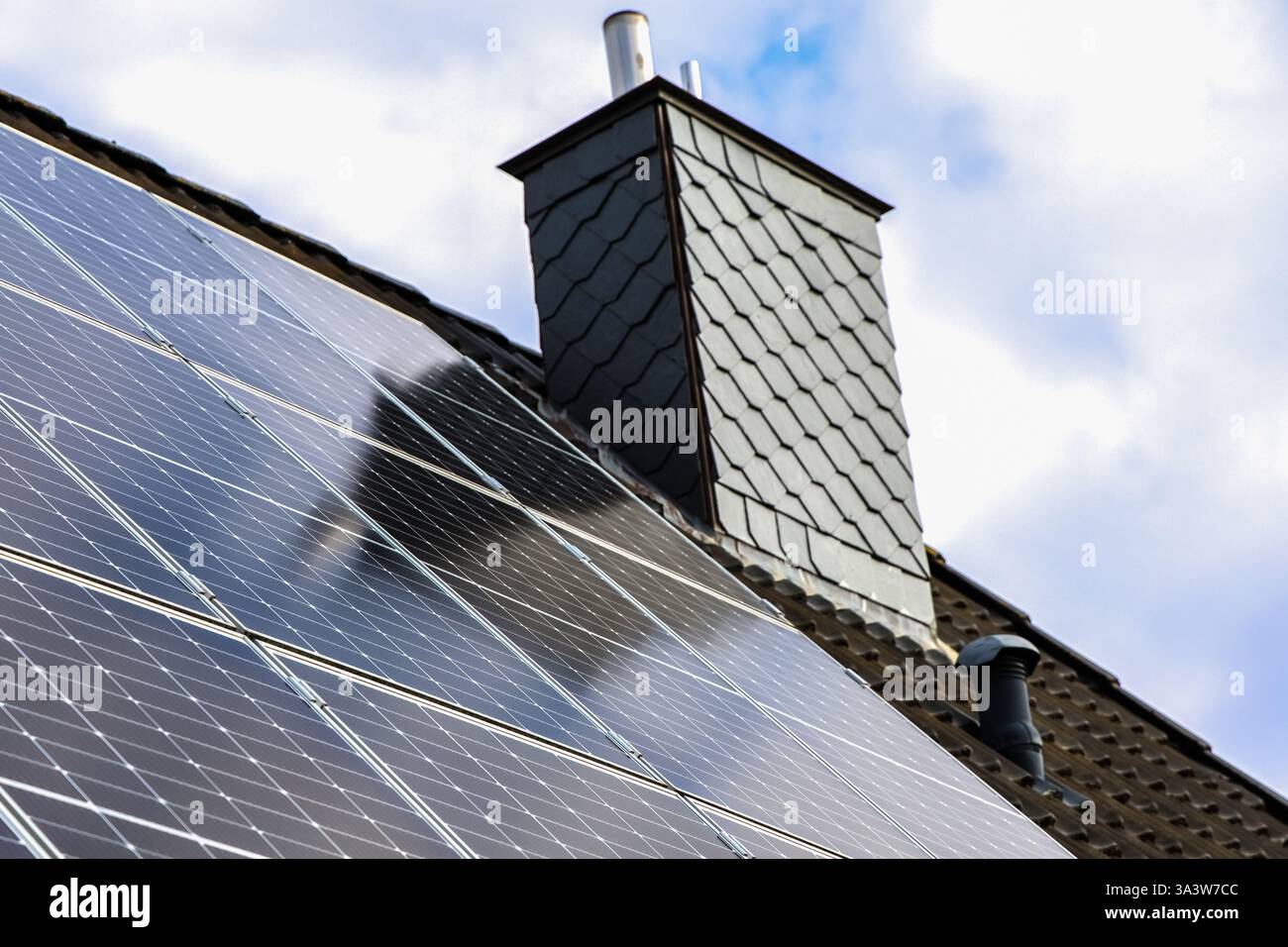 Photovoltaic cells converting sunlight into electricity on rooftop ...