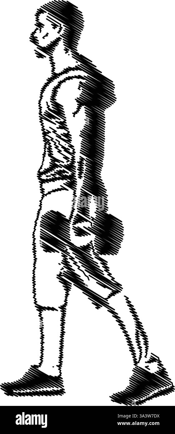 Artistic sketch of a muscular man walking while carrying dumbbells ...