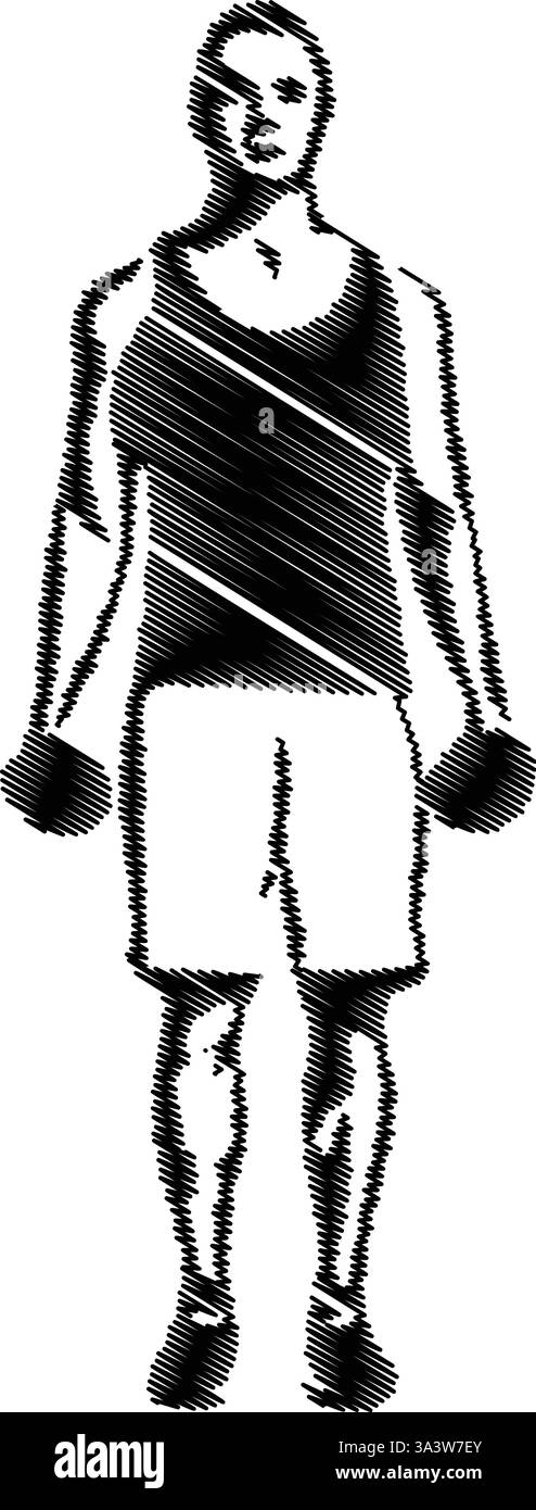 Sketch illustration of a fit man standing with dumbbells in both hands ...