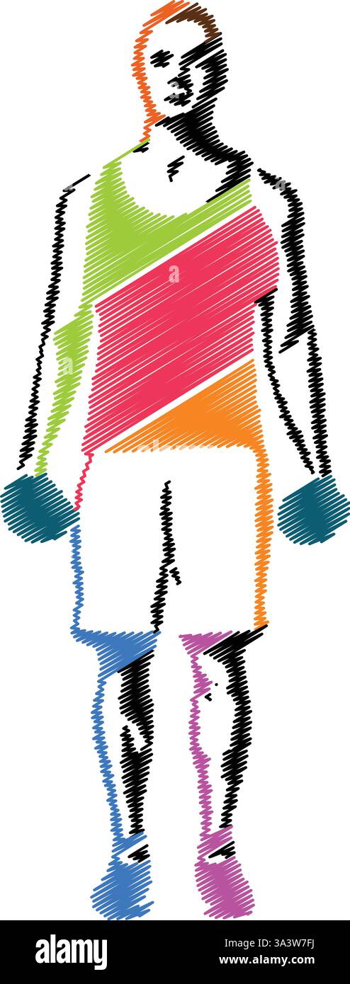 Sketch illustration of a fit man standing with dumbbells in both hands ...