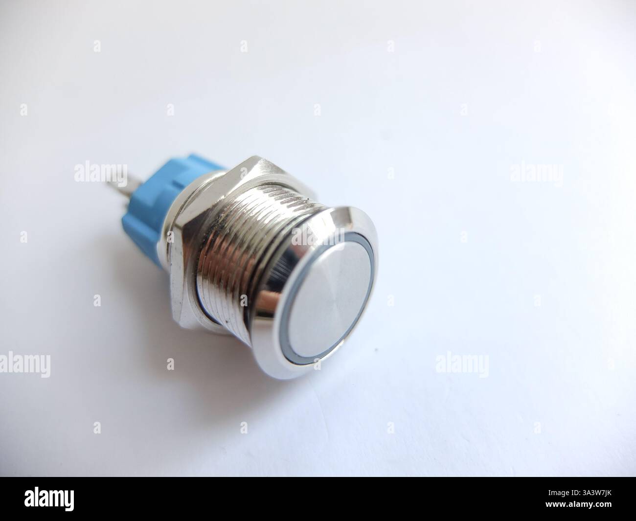 Power button with word and circular green backlight and metall button ...