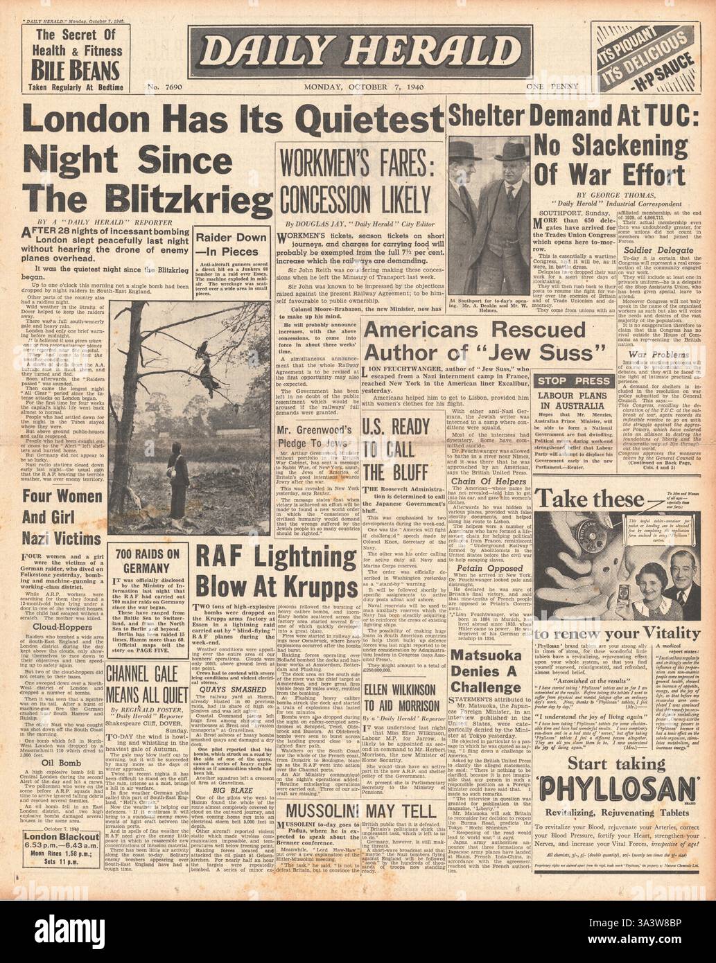 1940 front page Daily Herald London has quietest night since the ...