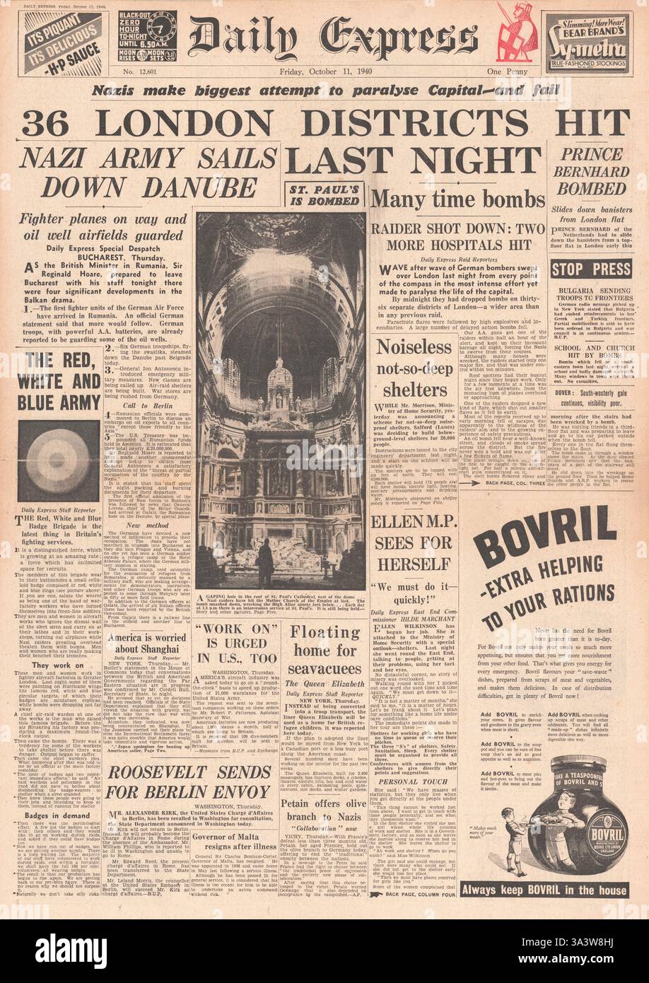 1940 front page Daily Express German Air Raids on London Stock Photo ...