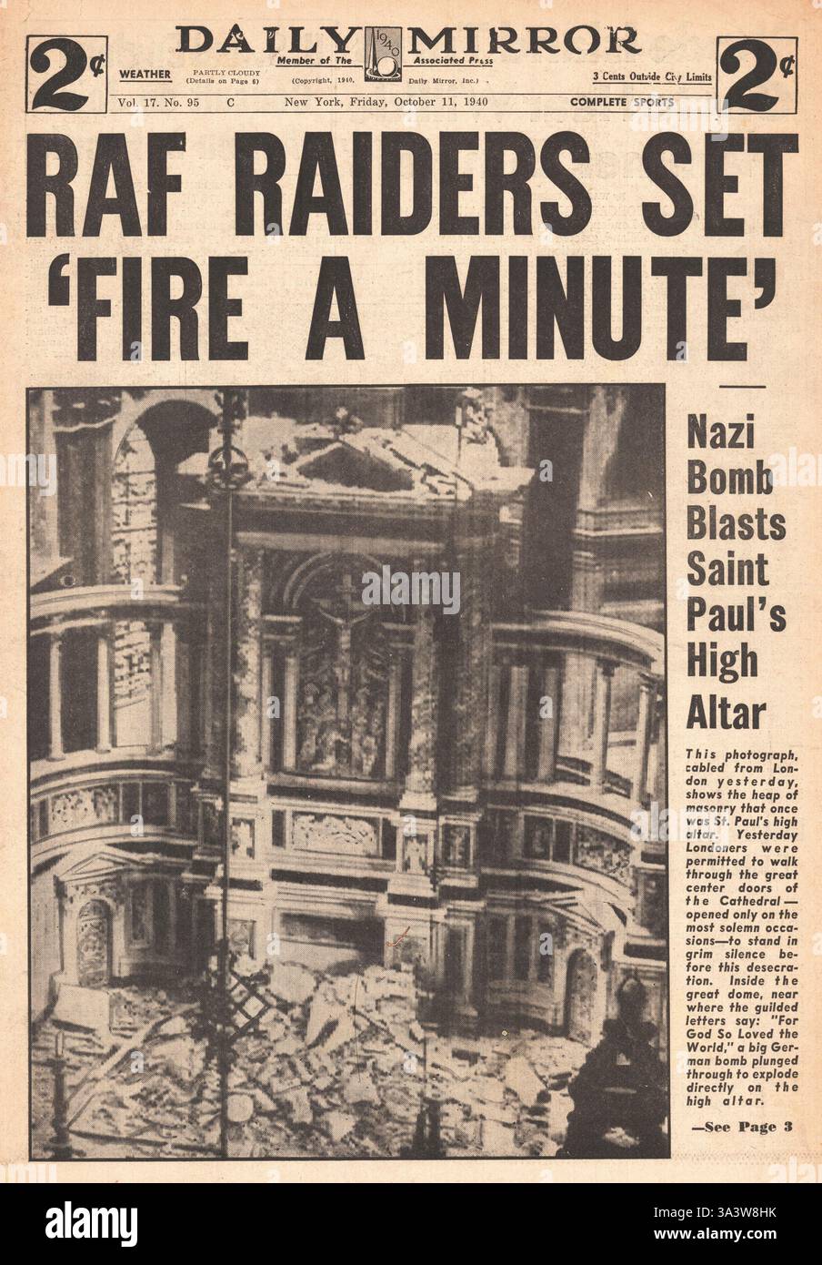 1940 front page Daily Mirror (New York) RAF Raid Germany and Luftwaffe ...