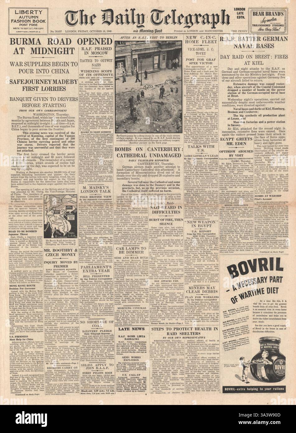 1940 front page Daily Telegraph Re-opening of the Burma Road and RAF ...