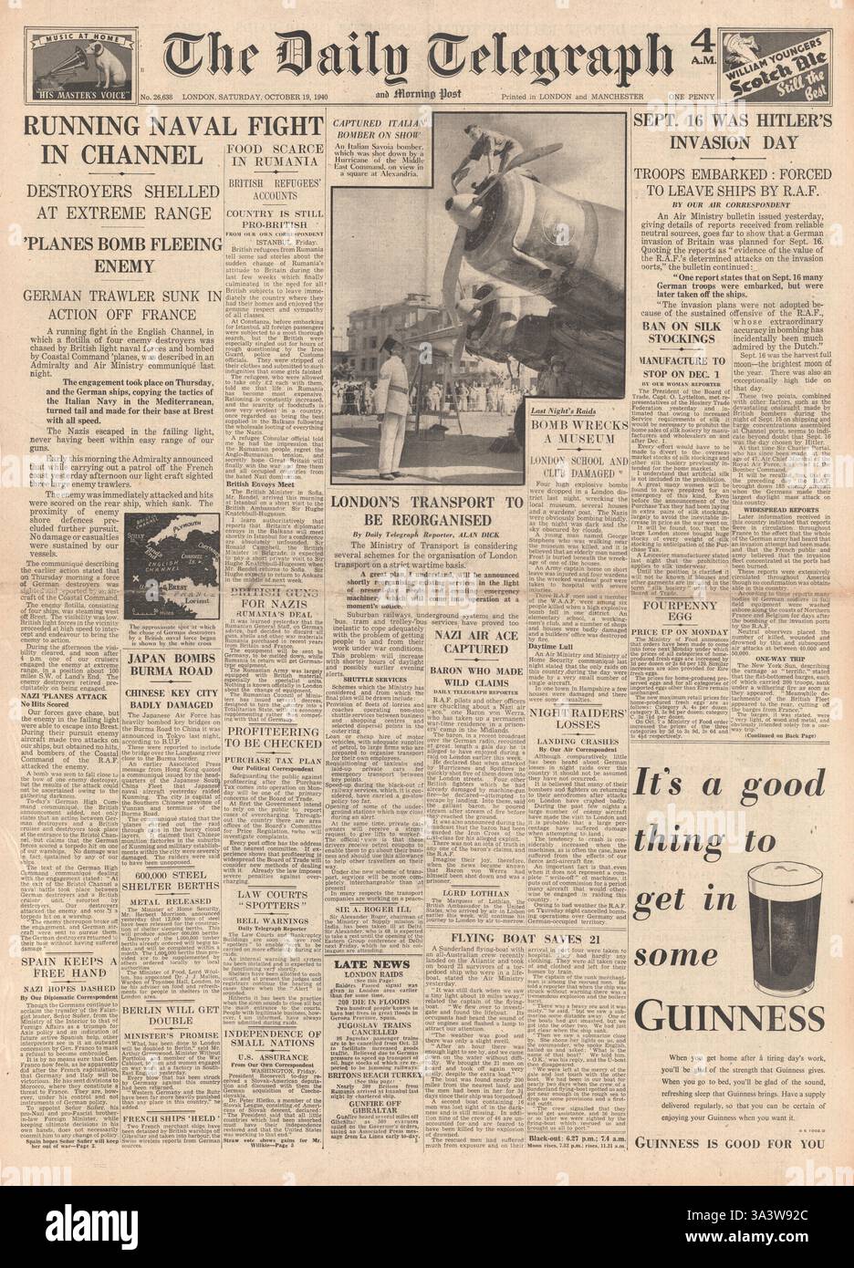 1940 front page Daily Telegraph Naval fight in English Channel off the ...