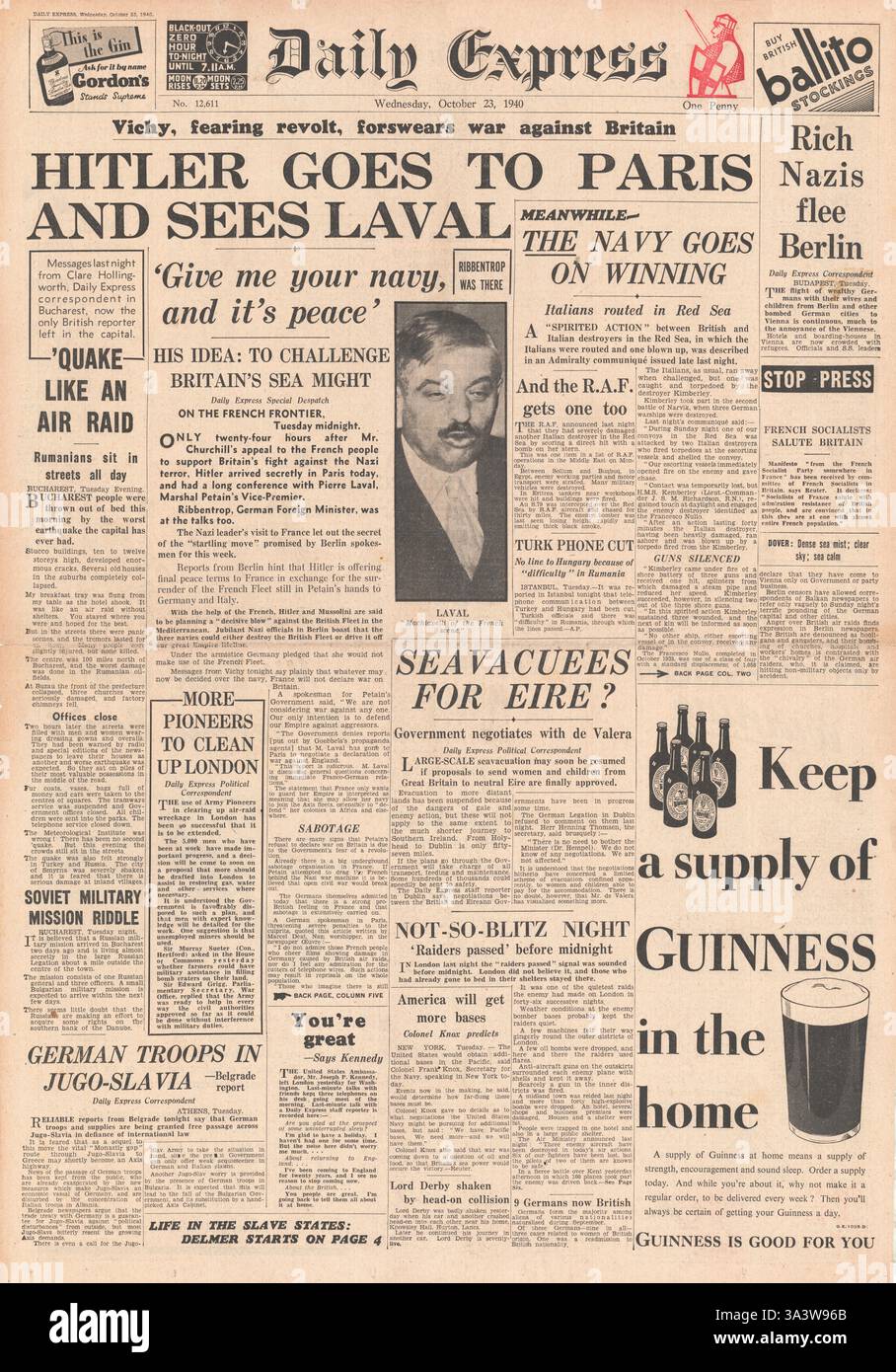 1940 front page Daily Express French Deputy Premier Pierre Laval meets ...