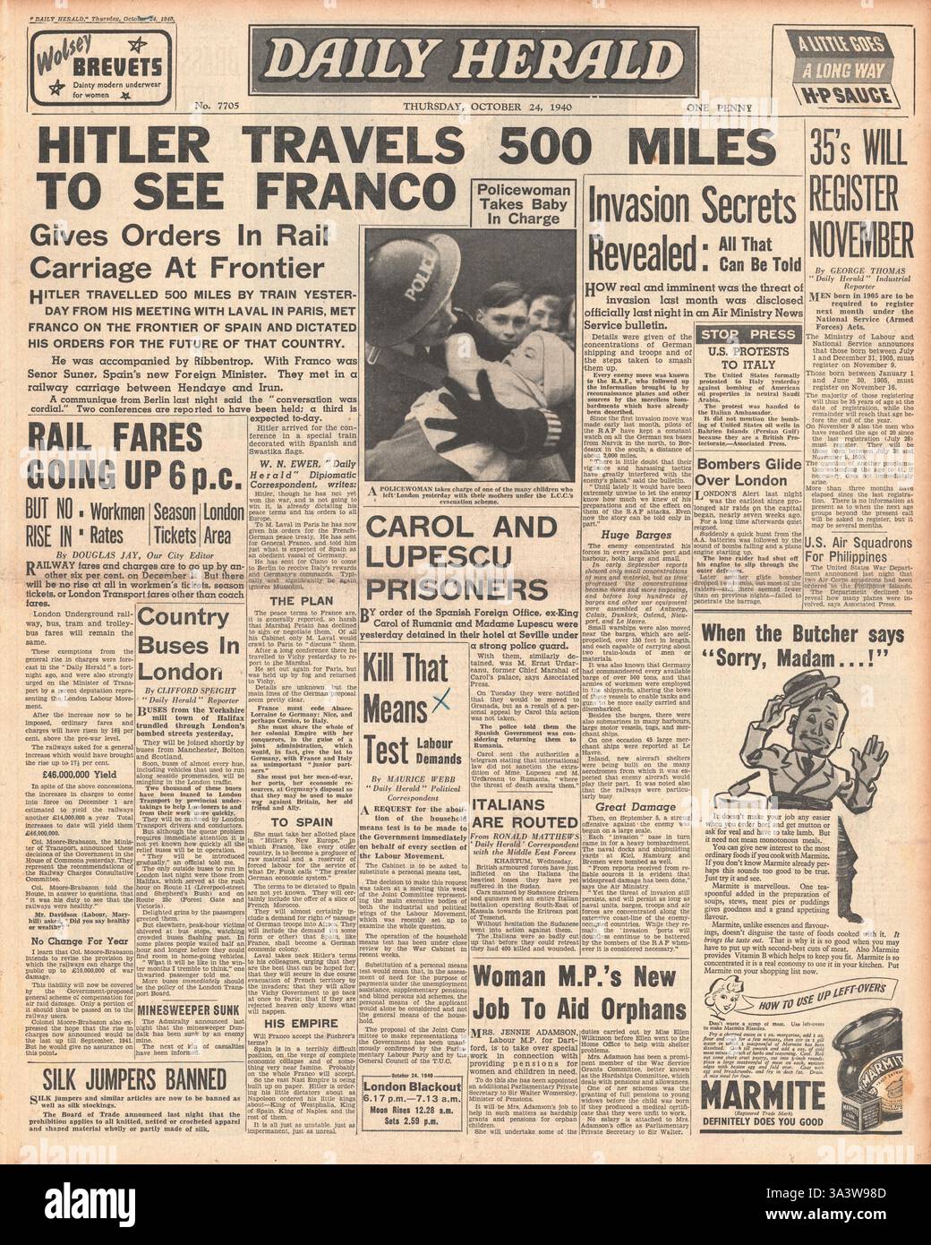 1940 front page Daily Herald Hitler Meets Franco on French - Spanish ...