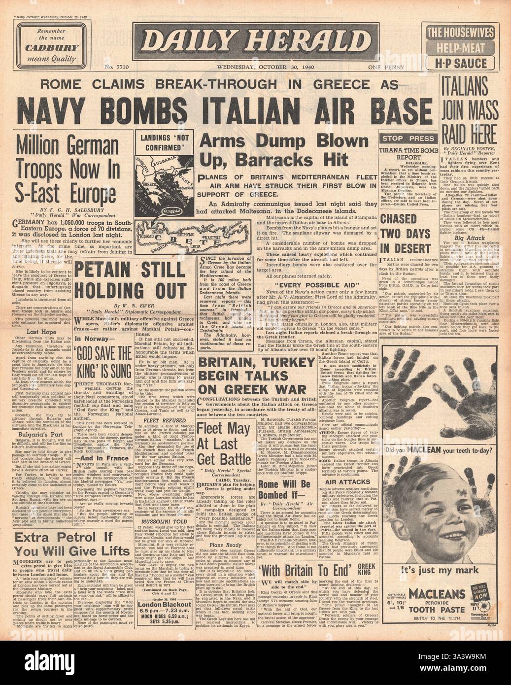 1940 front page Daily Herald Royal Navy Bombs Italian air base near ...