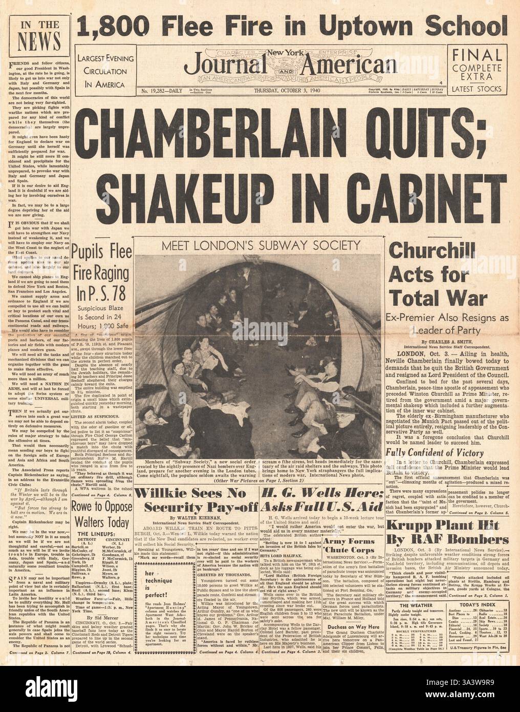 1940 new york journal american neville chamberlain to resign hi-res ...