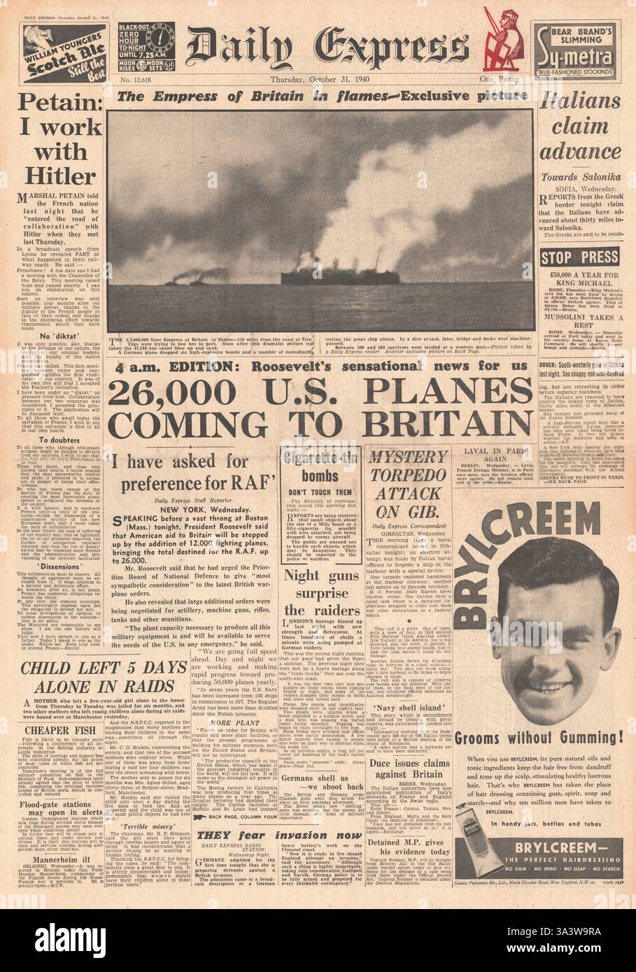 1940 front page Daily Express Empress of Britain in flames and sinking ...