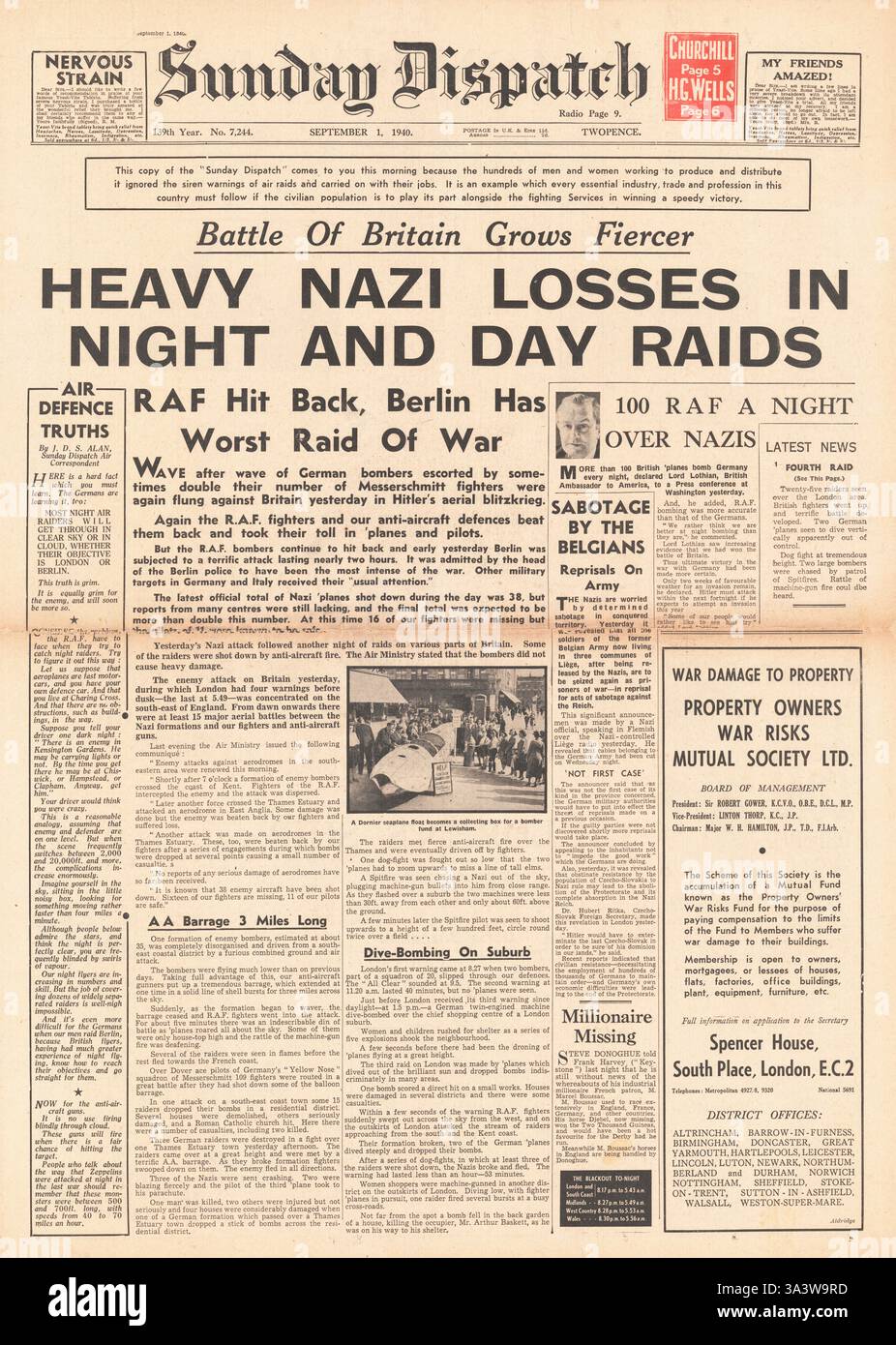 1940 front page Sunday Dispatch Battle of Britain grows fiercer Stock ...
