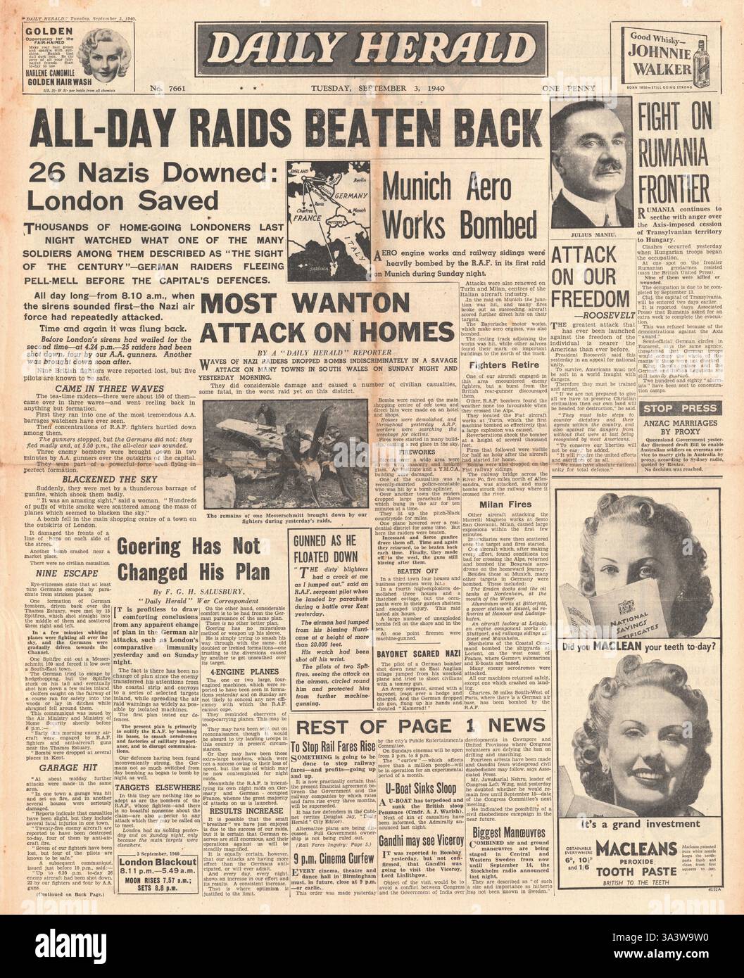1940 daily herald luftwaffe raids on london hi-res stock photography ...