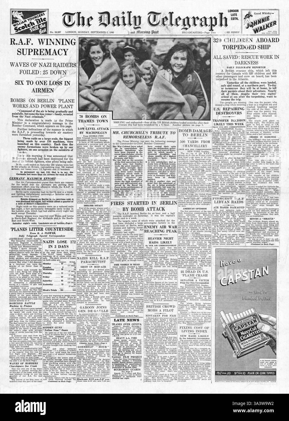 1940 daily telegraph submarine u 60 torpedoes evacuee liner ss volendam ...