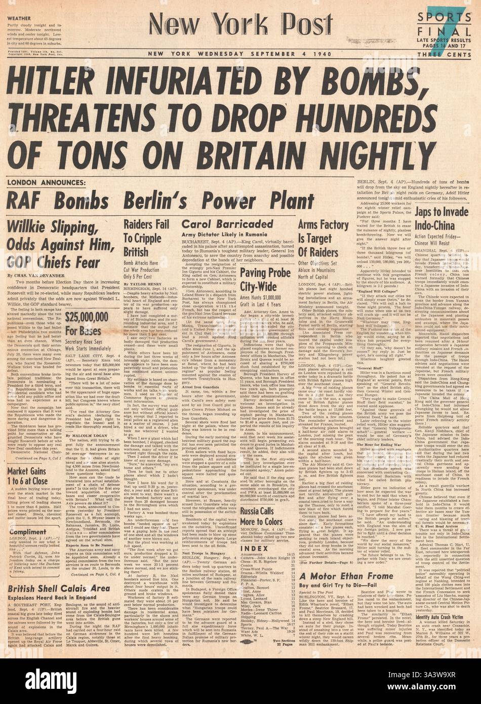 1940 front page New York Post Hitler Threatens to increase bombing ...