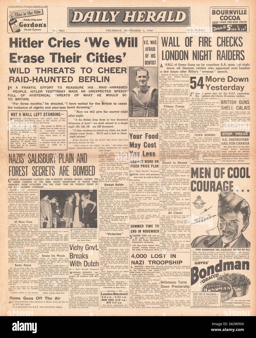 1940 front page Daily Herald Hitler Threatens to increase bombing raids ...