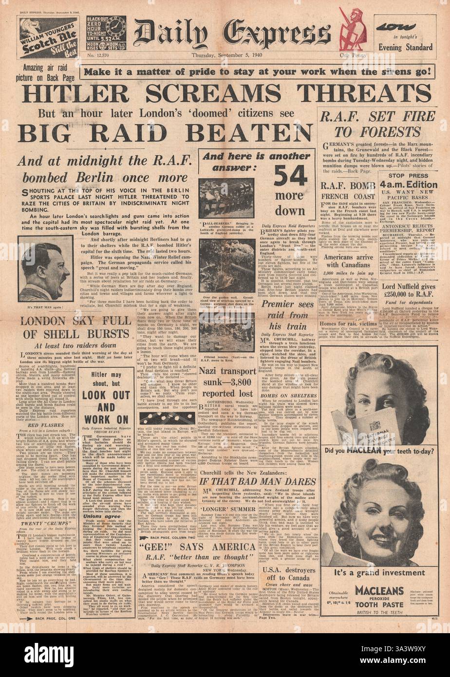 1940 front page Daily Express Hitler Threatens to increase bombing ...