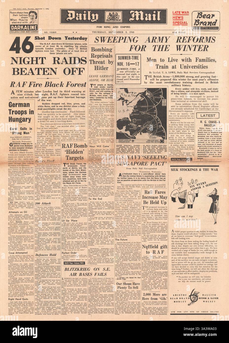 1940 front page Daily Mail Hitler Threatens to increase bombing raids ...