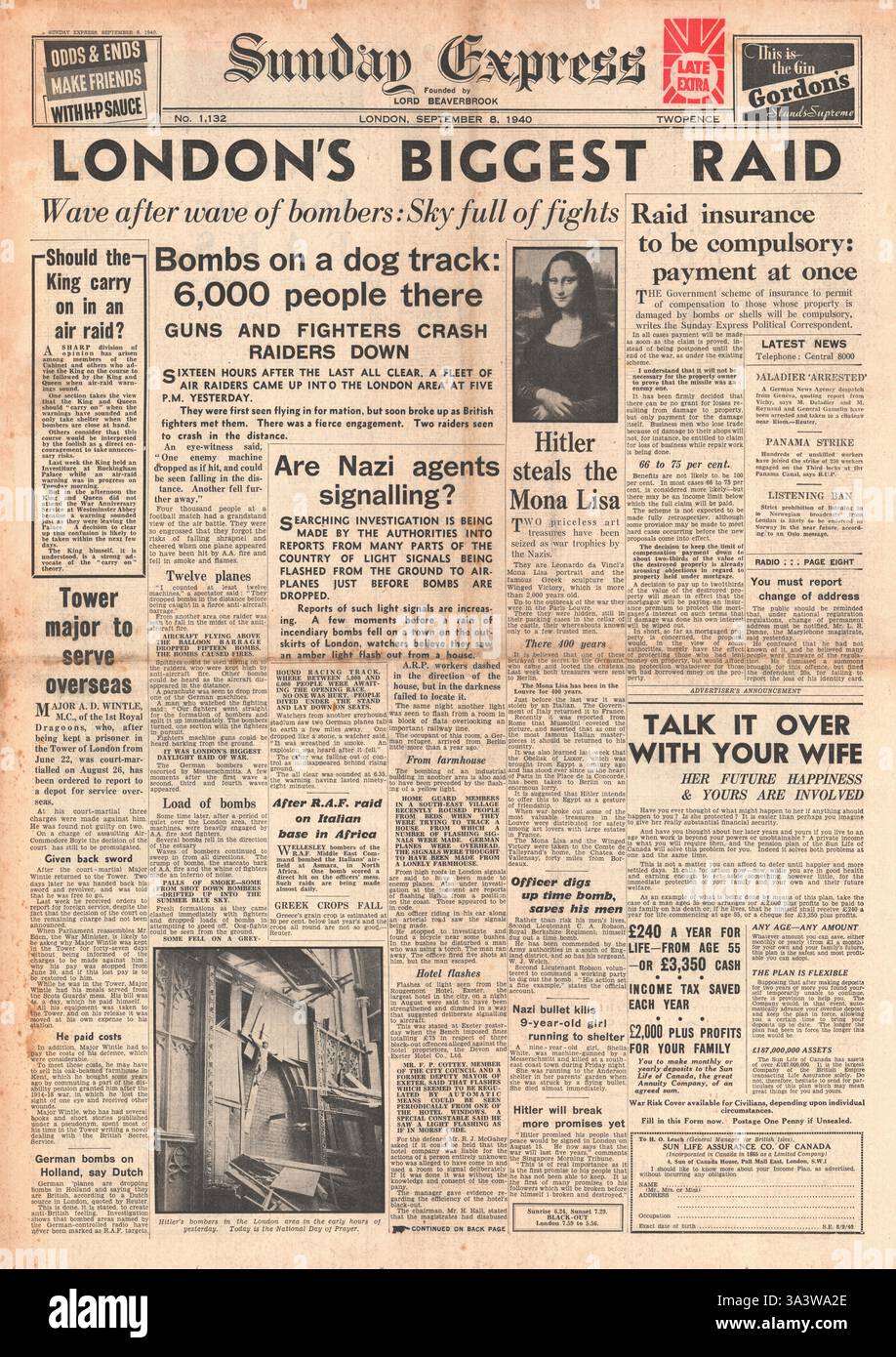 1940 front page Sunday Express Biggest London day raid by Luftwaffe ...