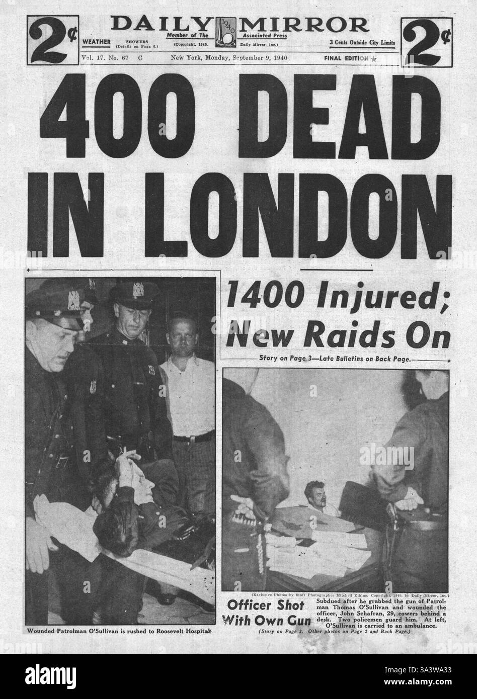 1940 front page Daily Mirror (New York) Massive Luftwaffe bombing raid ...