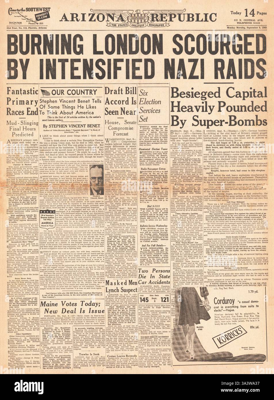 1940 front page Arizona Republic Massive Luftwaffe bombing raid on ...