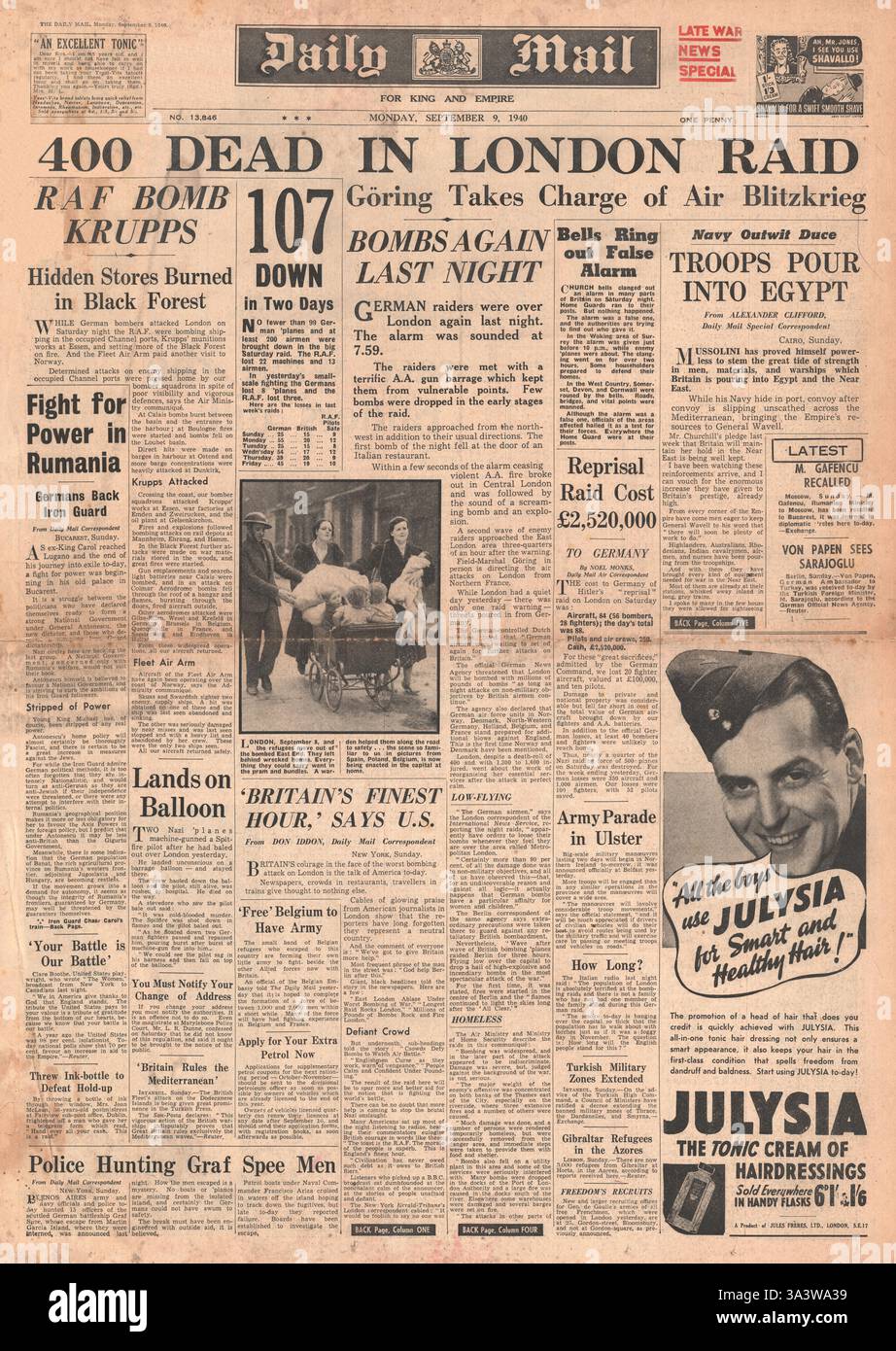 1940 front page Daily Mail Massive Luftwaffe bombing raid on London ...