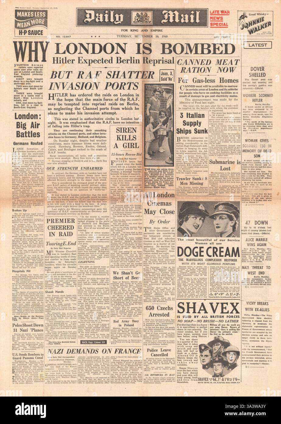 1940 daily mail massive luftwaffe bombing raid on london hi-res stock ...