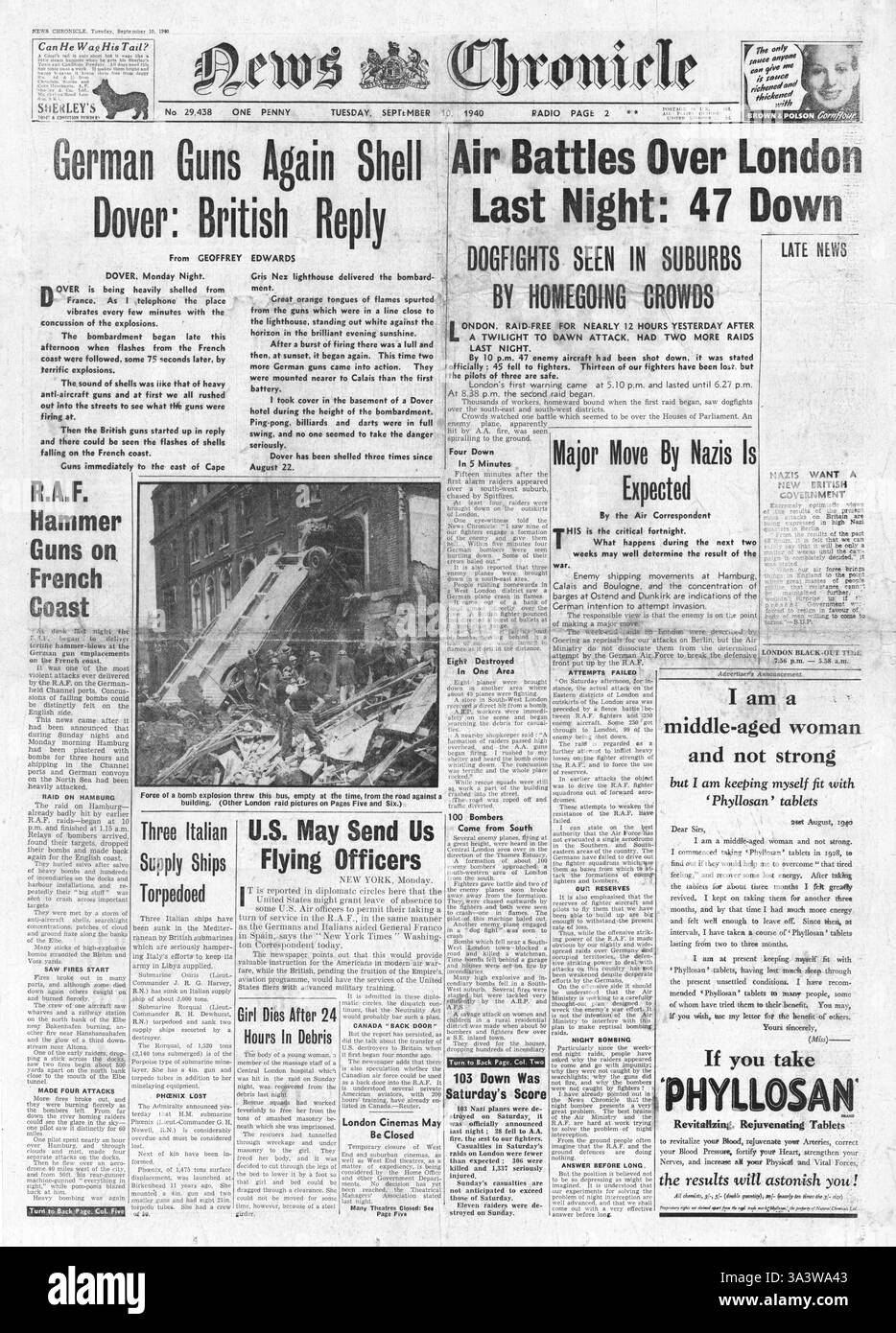 1940 front page News Chronicle Massive Luftwaffe bombing raid on London ...