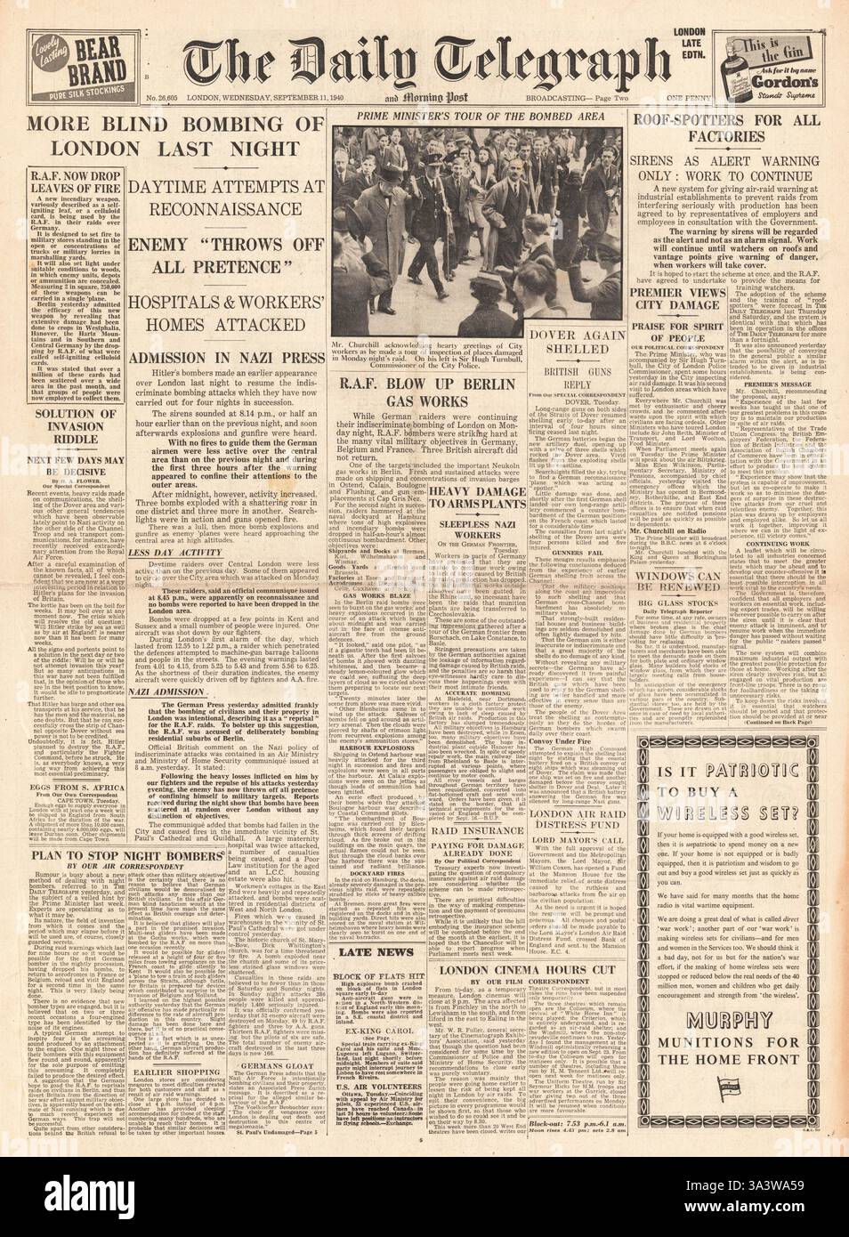 1940 front page Daily Telegraph Massive Luftwaffe bombing raid on ...