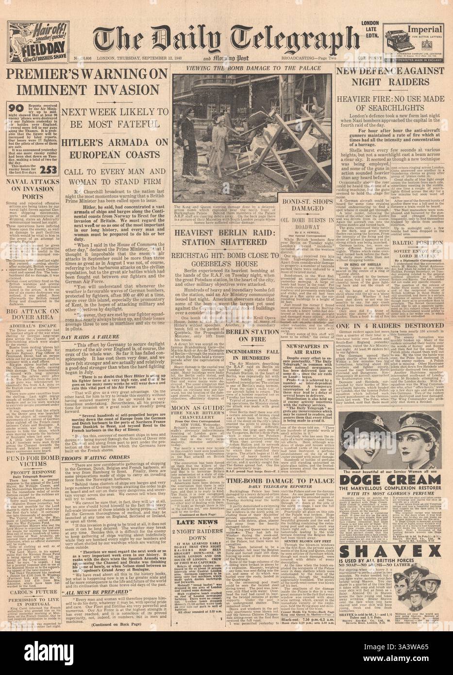 1940 daily telegraph german invasion of britain imminent hi-res stock ...
